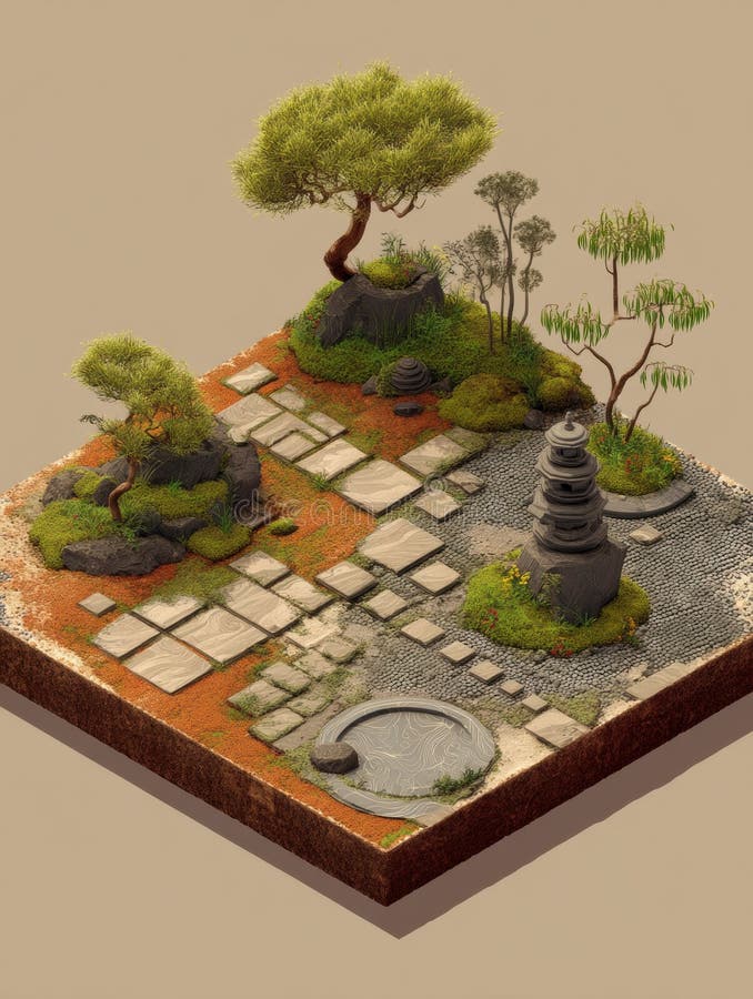 Explore a Minimalistic Isometric Zen Garden Featuring Stone Paths and ...