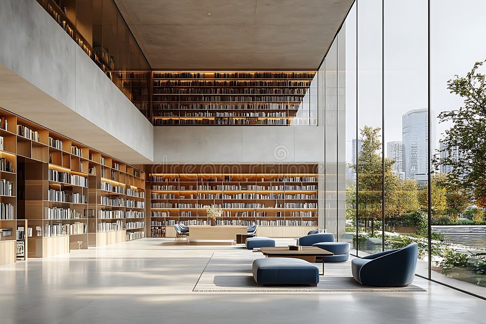 Modern Architectural Library Design with Large Windows and a Relaxing ...