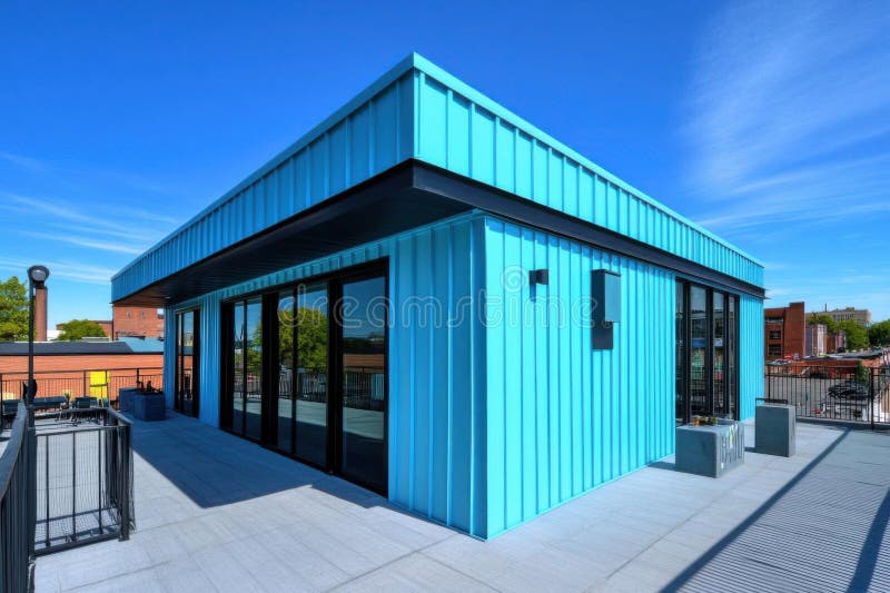 Explore Modern Architecture with Blue Structure and Rooftop Space with ...