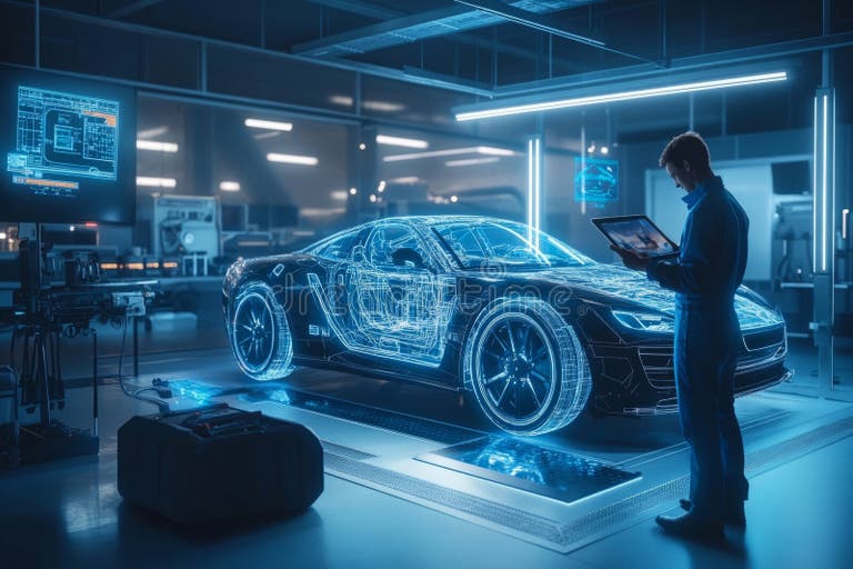 A Futuristic Car Showcased in a High-tech Garage. the Vehicle Features ...