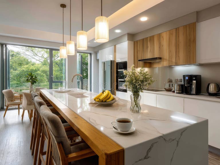 Explore the Modern Kitchen Design with Marble Island and Wooden Dining Table Emphasizing Energy ...