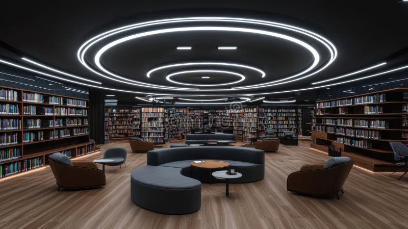 Explore Modern Library Interior with Comfortable Seating and Bright Lighting Stock Image - Image ...