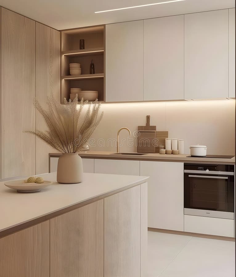 Modern Minimalist Kitchen Design with Neutral Tones Stock Illustration ...