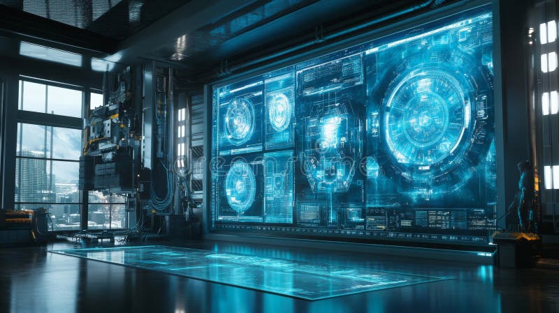 Futuristic Tech Room with Holographic Displays Stock Illustration ...