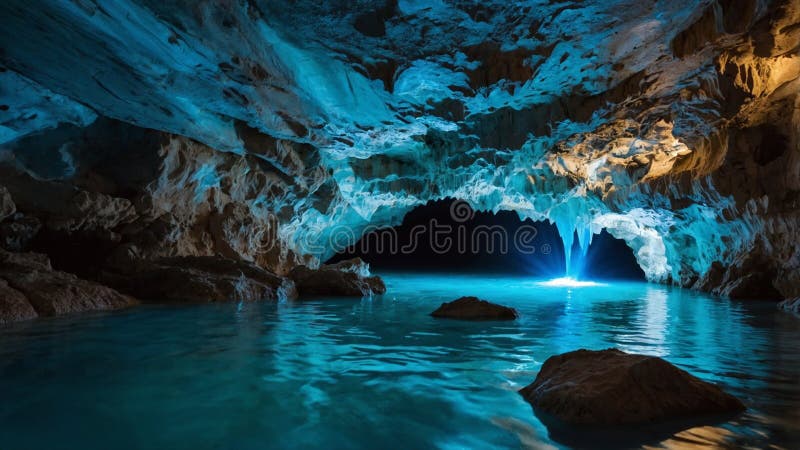 Mysterious Blue Cave with Stunning Light Beams and Reflective Pool ...