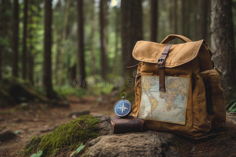 Explore Nature with a Backpack, Compass, and Map Resting on Moss in a ...