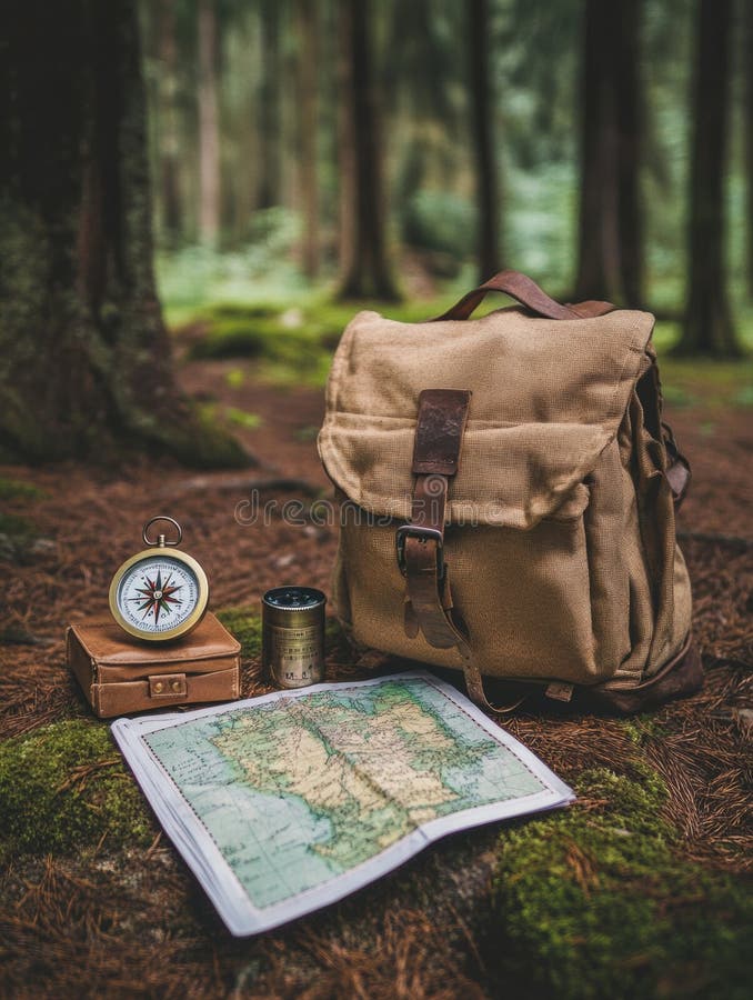 Explore Nature with a Backpack, Compass, and Map Resting on Mossy ...