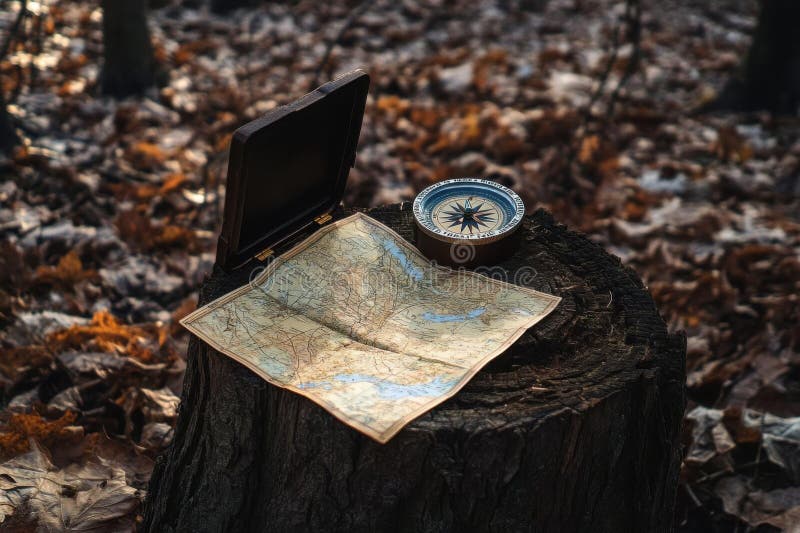 Explore Nature with Compass and Map on Tree Stump with Vintage Travel ...
