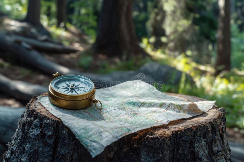 Explore Nature with Compass and Map on Trunk, Planning Outdoor ...