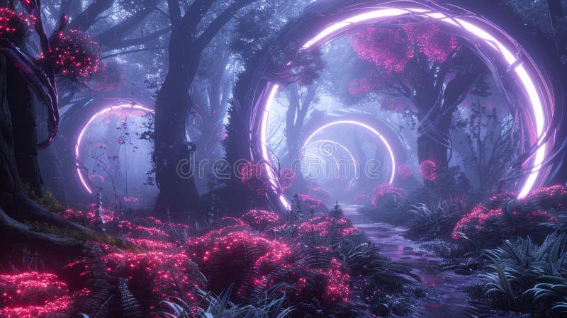 Explore Neon-lit Paths in an Otherworldly Alien Forest with Bioluminescent Plants Stock ...