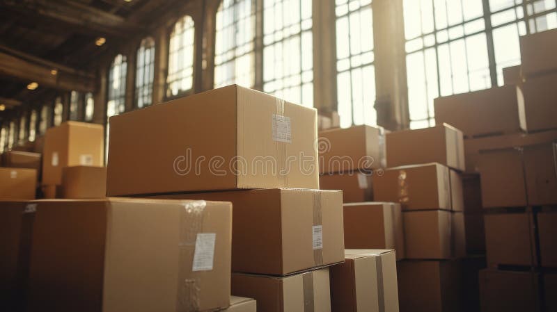 Warehouse Logistics Cardboard Boxes Stacked in Industrial Storage ...