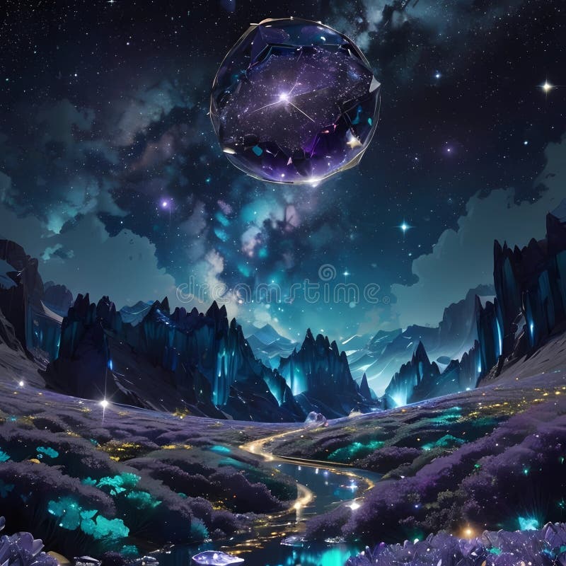 Alien Planet with Crystal Vegetation. Fantasy Landscape with Crystal ...