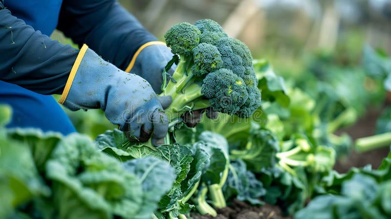 Worker Cutting Broccoli Outdoors on Vegetable Plantation Stock ...