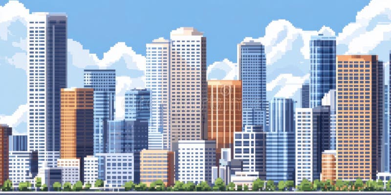 Explore Pixel Cityscape with High Buildings Under Sky, and Retro Theme ...