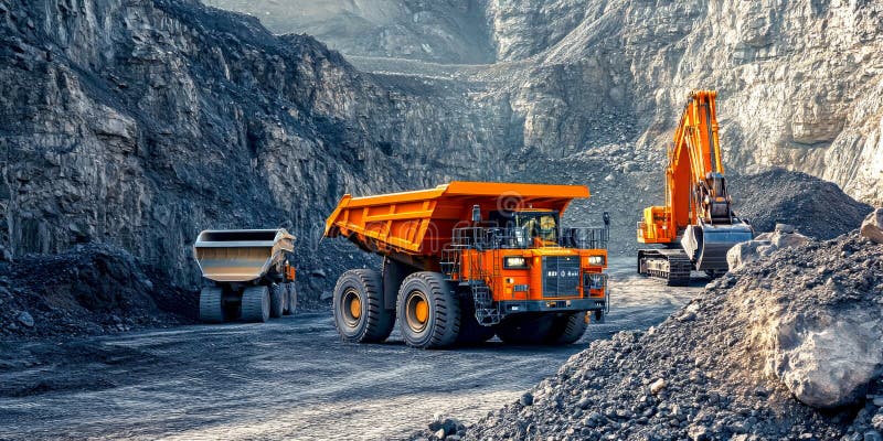 Heavy Duty Mining Equipment Operates in a Rocky Quarry. a Large Orange ...
