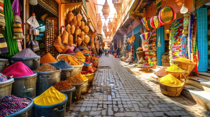 Vibrant Moroccan Market Alley with Colorful Spices and Textiles Stock ...