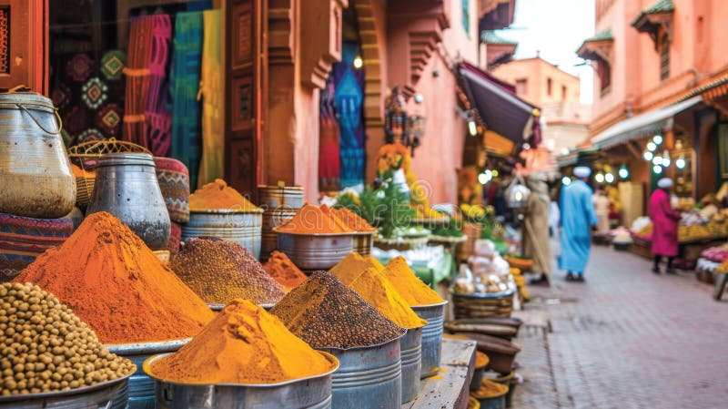 Vibrant Moroccan Market Alley with Colorful Spices and Textiles Stock ...