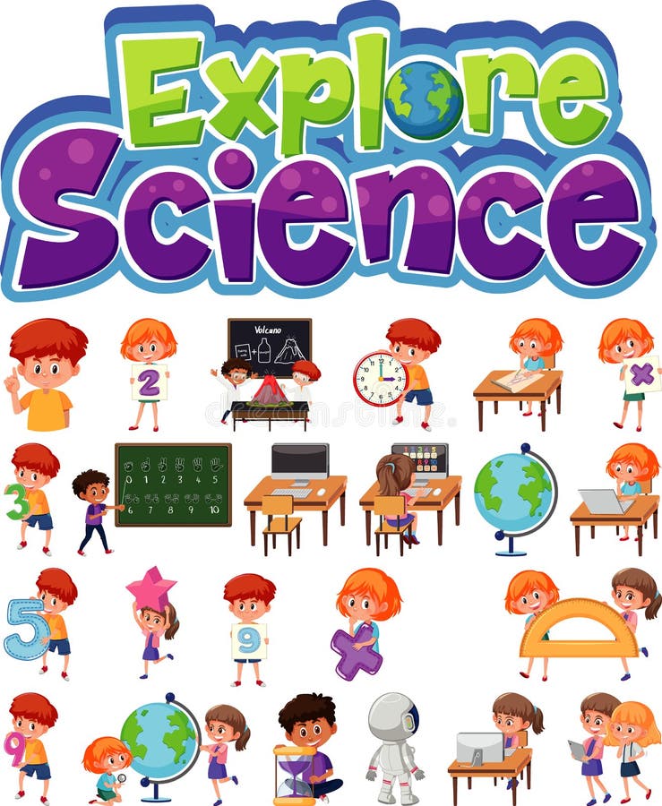 Explore Science Logo and Set of Children with Education Objects ...
