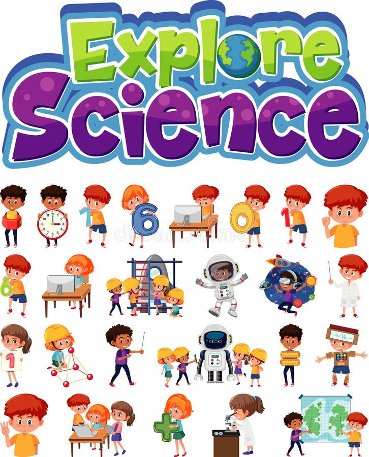 Explore Science Logo and Set of Children with Education Objects ...