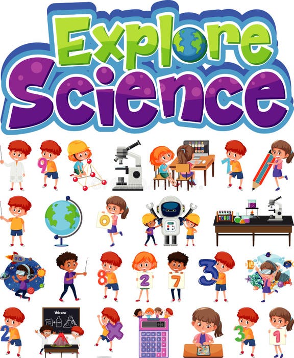 Explore Science Logo and Set of Children with Education Objects ...