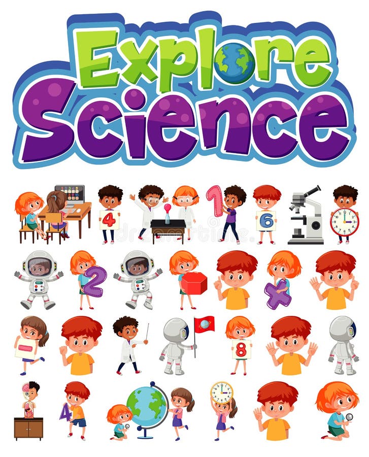 Explore Science Logo and Set of Children with Education Objects ...