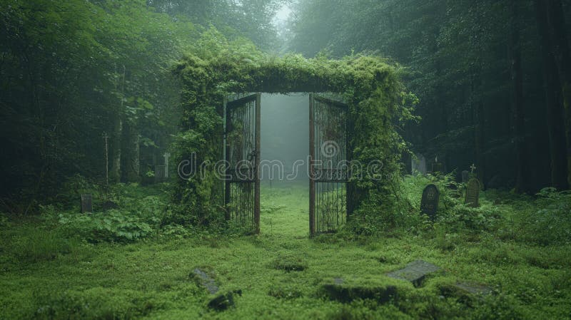 Explore the Serene Beyond through an Old Cemetery Gate, Moss-covered ...