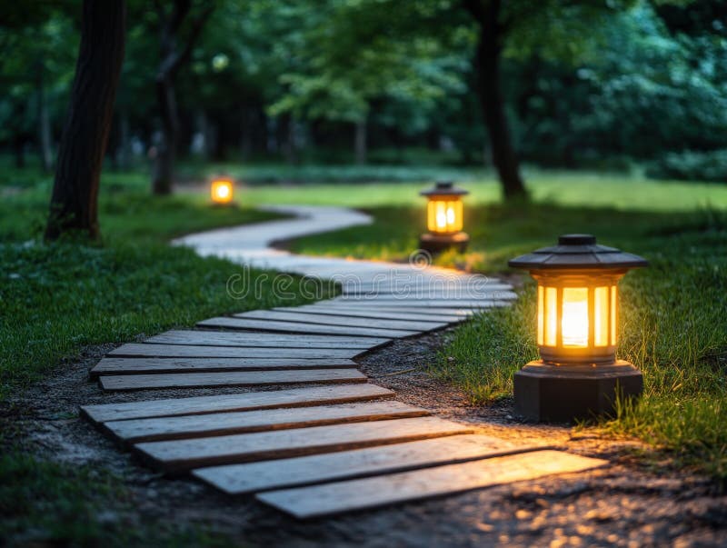 Explore a Serene Lantern-lit Pathway through a Lush Park, Where the ...