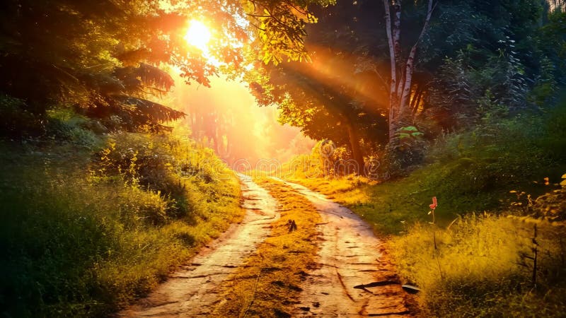 Explore a Serene Rural Path Illuminated by the Warm Glow of Sunset in a ...