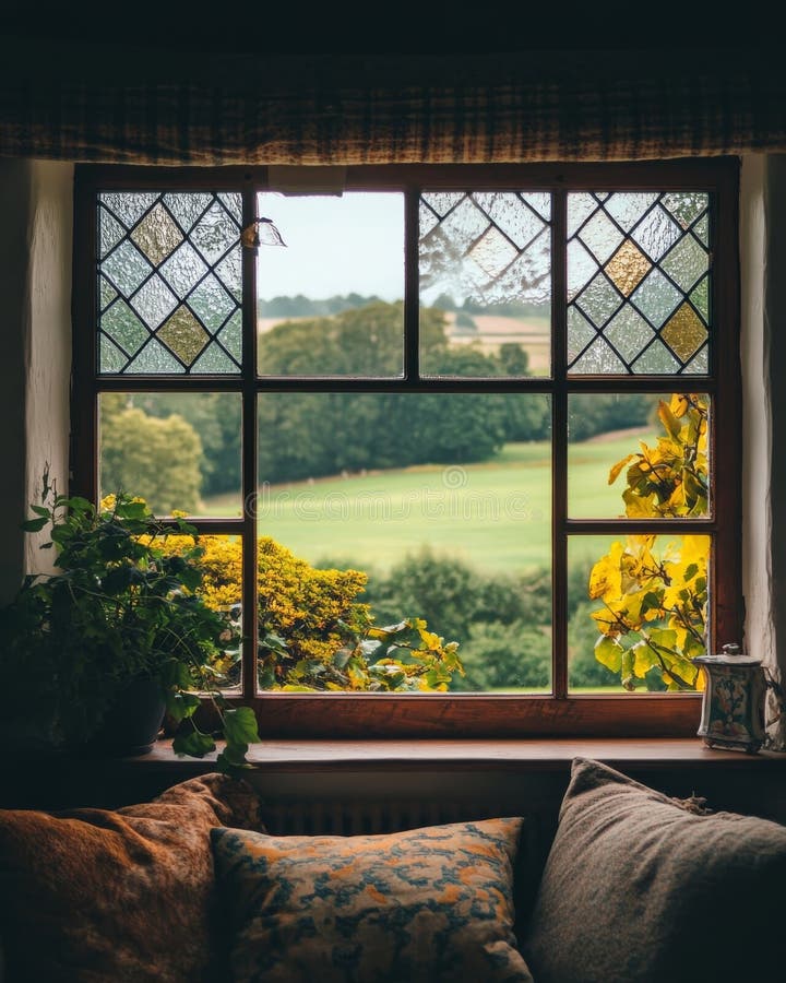 A Picturesque View from an Old Window Framed by Lush Plants. the ...