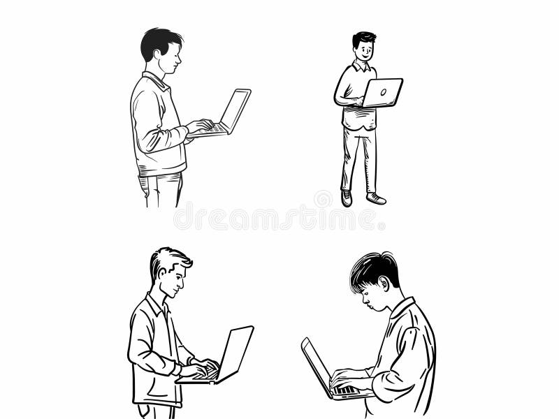 Illustration of a Man Working on Laptop in Outline Style Stock Vector ...