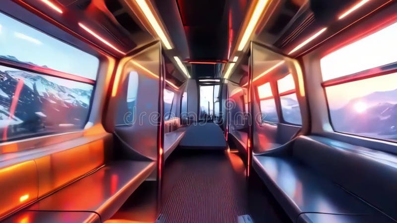 Modern Train Interior with Scenic Mountain Views at Dusk in Serene ...