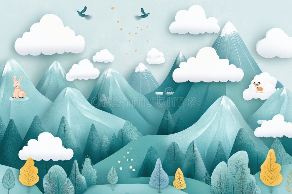 Charming Mountain Landscape with Fluffy Clouds and Playful Animals Inspired by Lapki Style in a ...