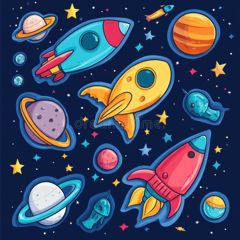 Explore a Space-themed Sticker Pack Featuring Rockets, Planets, UFOs ...