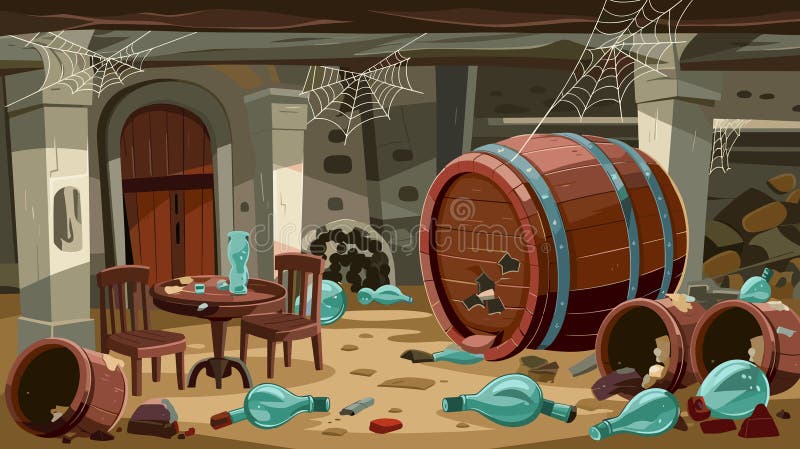 Abandoned Cellar with Rustic Barrels and Cobwebs Stock Vector ...