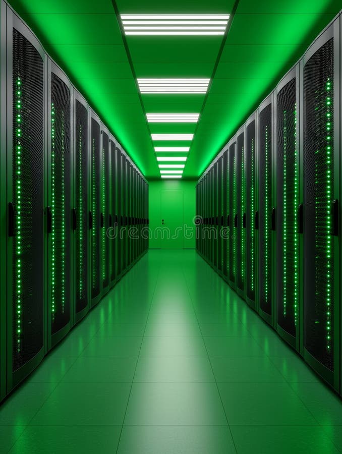 Modern Server Farm Powered by Solar Energy with Green Lighting and ...