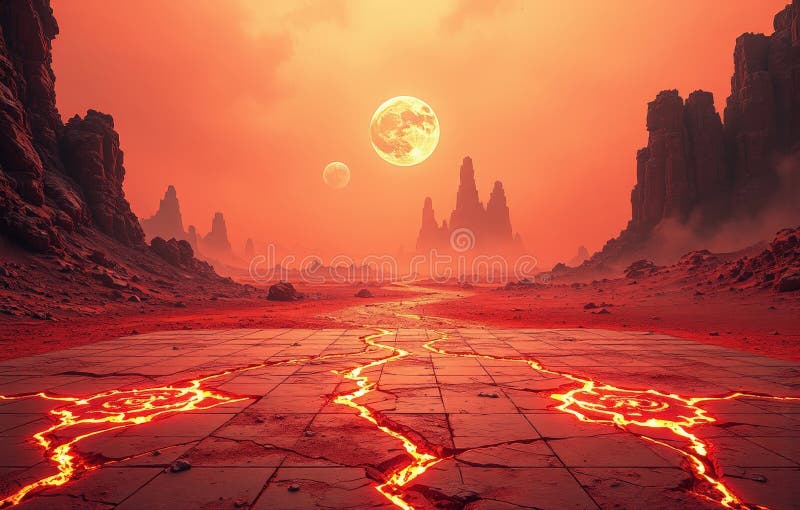 Dramatic Alien Landscape Under Two Moons with Fiery Cracked Ground ...