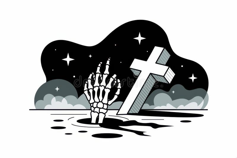 Skeleton Hand Emerging Grave Cross Spooky Night Sky - Halloween Themed ...