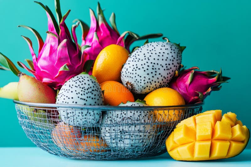 A Vibrant Basket Filled with Exotic Fruits. Dragon Fruit and Mango ...