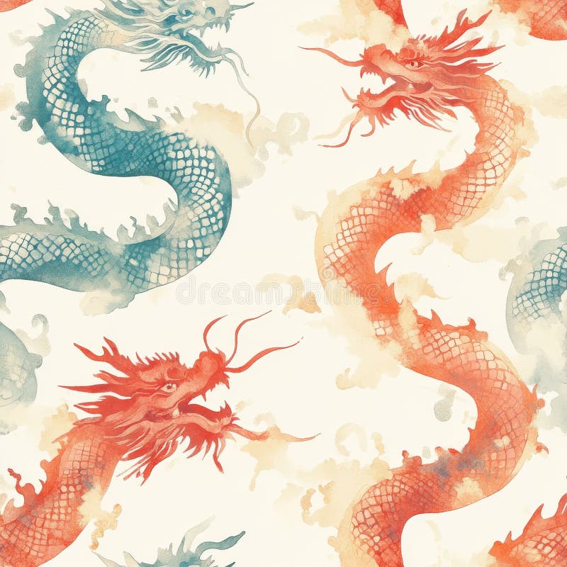 Majestic Dragons in a Vibrant Pattern Art Creation Digital Illustration ...