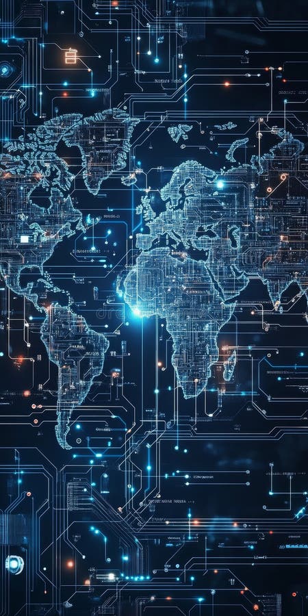 Futuristic World Map with Digital Circuitry and Blue Glowing Lights ...