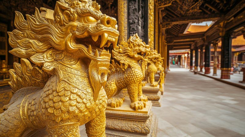 Golden Statues of Mythical Creatures in Ancient Architecture Stock ...