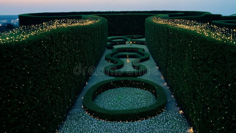 A Mesmerizing Hedge Maze Illuminated by Glowing Lights at Night Stock ...