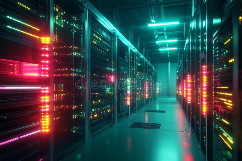 A Vibrant Server Room Filled with Colorful Lights. this Image Captures ...