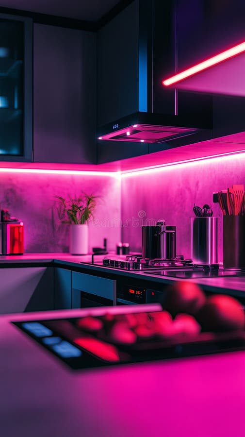 A Modern Kitchen with Vibrant Pink Lighting and Sleek Appliances. the ...