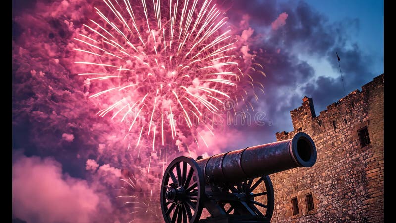 Massive Ancient Cannon with Fireworks Display at Night Sky Stock ...