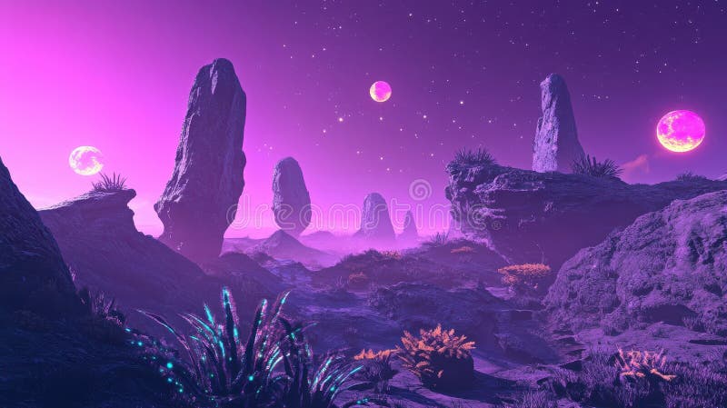 Surreal Alien Landscape with Moons and Mystical Rock Formations Stock ...