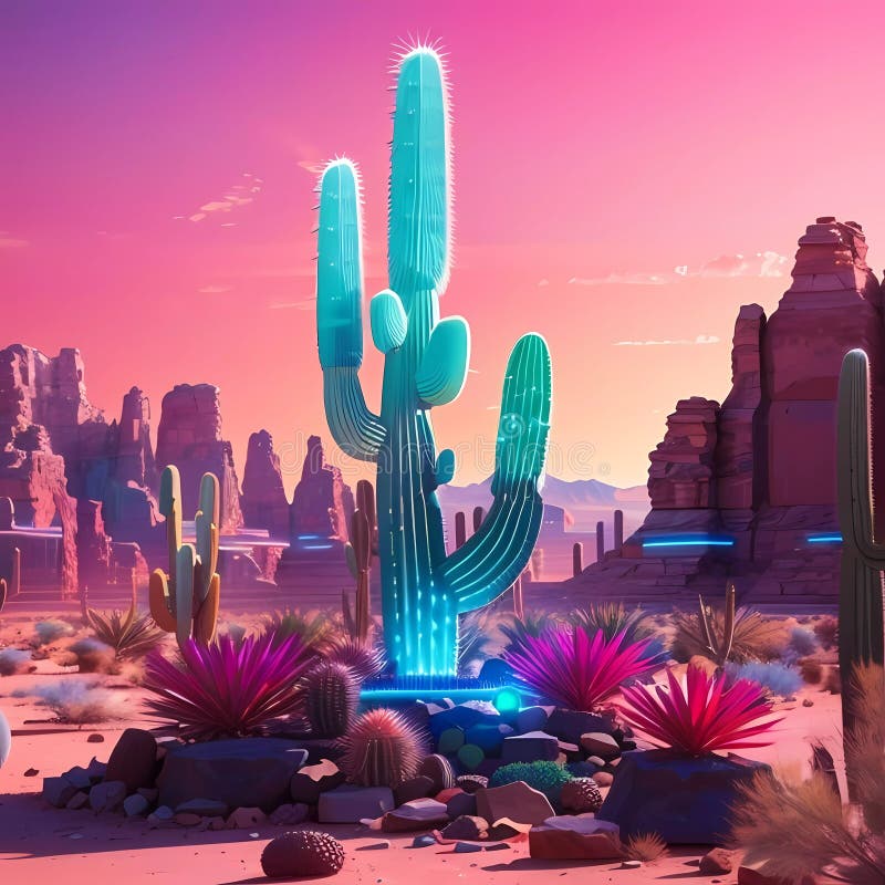 Desert Oasis with Neon Lights. Neon Structure in the Desert. Oasis ...