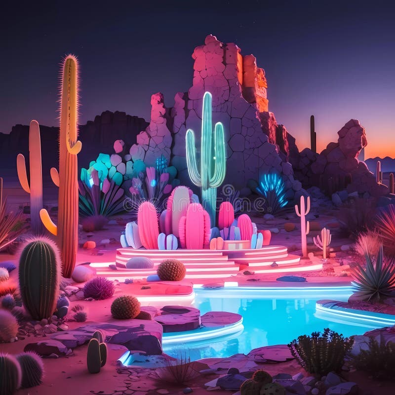 Desert Oasis with Neon Lights. Neon Structure in the Desert. Oasis ...