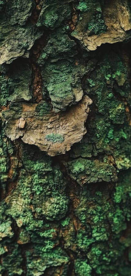 Close-up of Ancient Tree Bark Showcasing Deep Grooves, Vibrant Moss ...