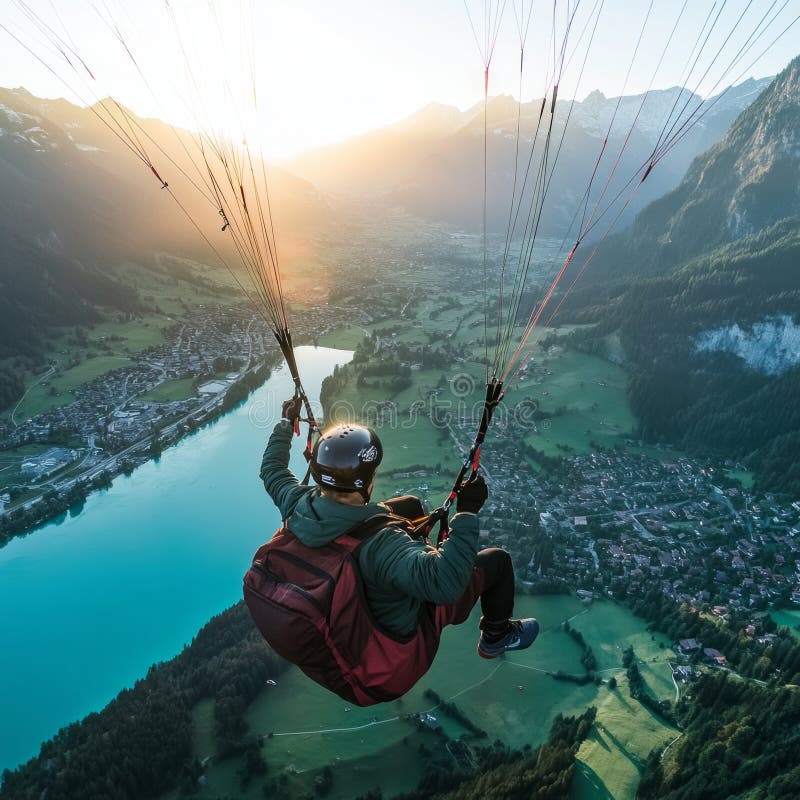 A Breathtaking View of a Paraglider Soaring Above Lush Valleys and a ...